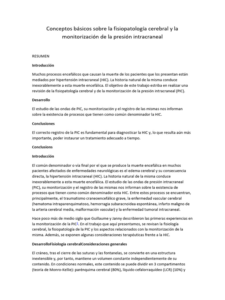 Conceptos Básicos Sobre La Fisiopatología Cerebral y La Monitorización de La Presión ...