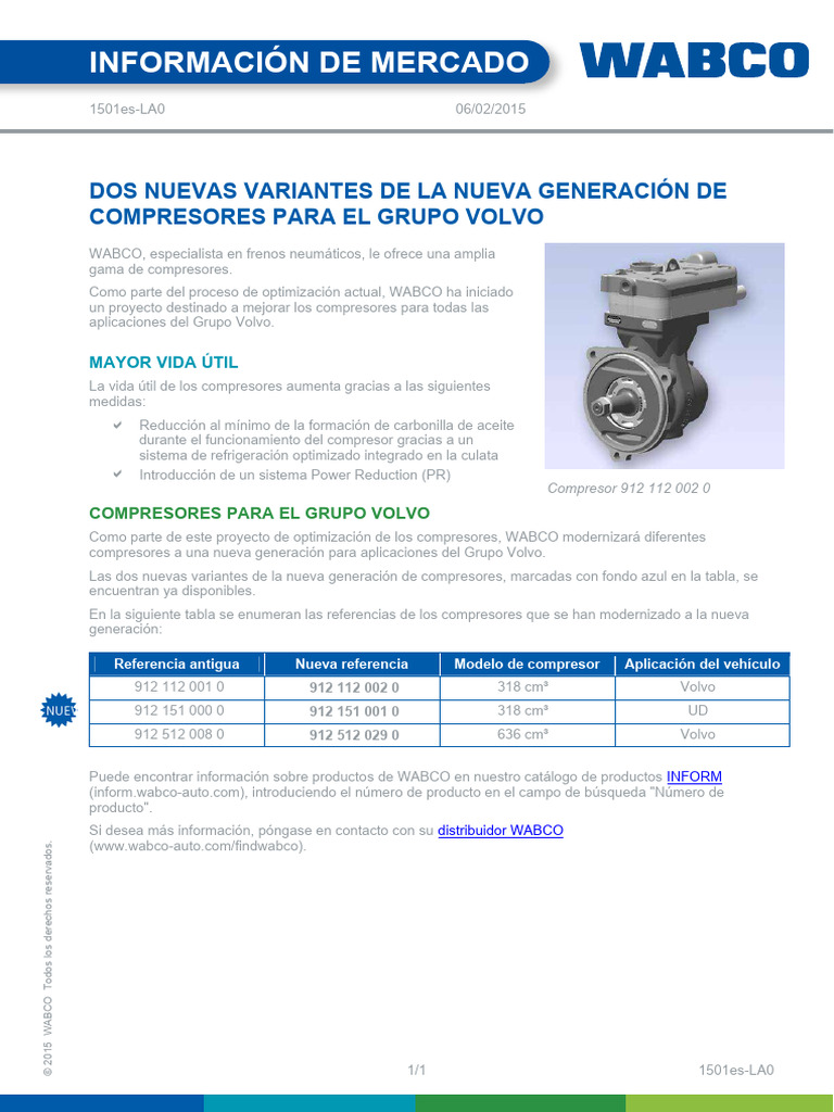 Compresor VOLVO Wabco 912 112 002 0 - WABCO | PDF | Vehículo de motor | Coche