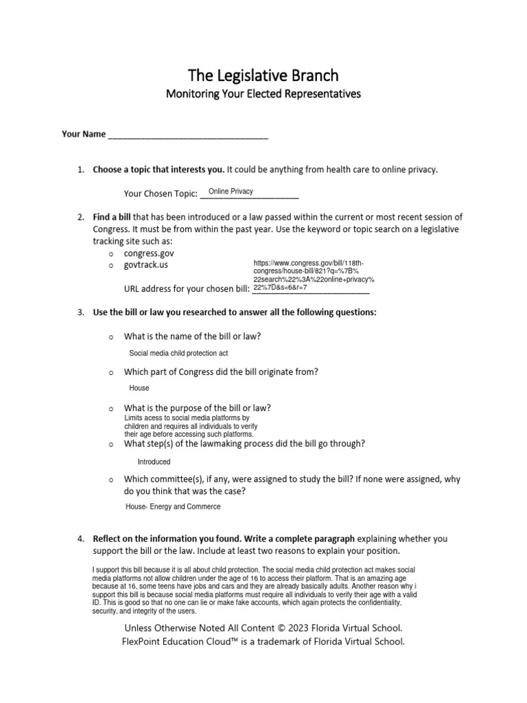 The Legislative Branch Assignment Template | Download Free PDF | Social ...