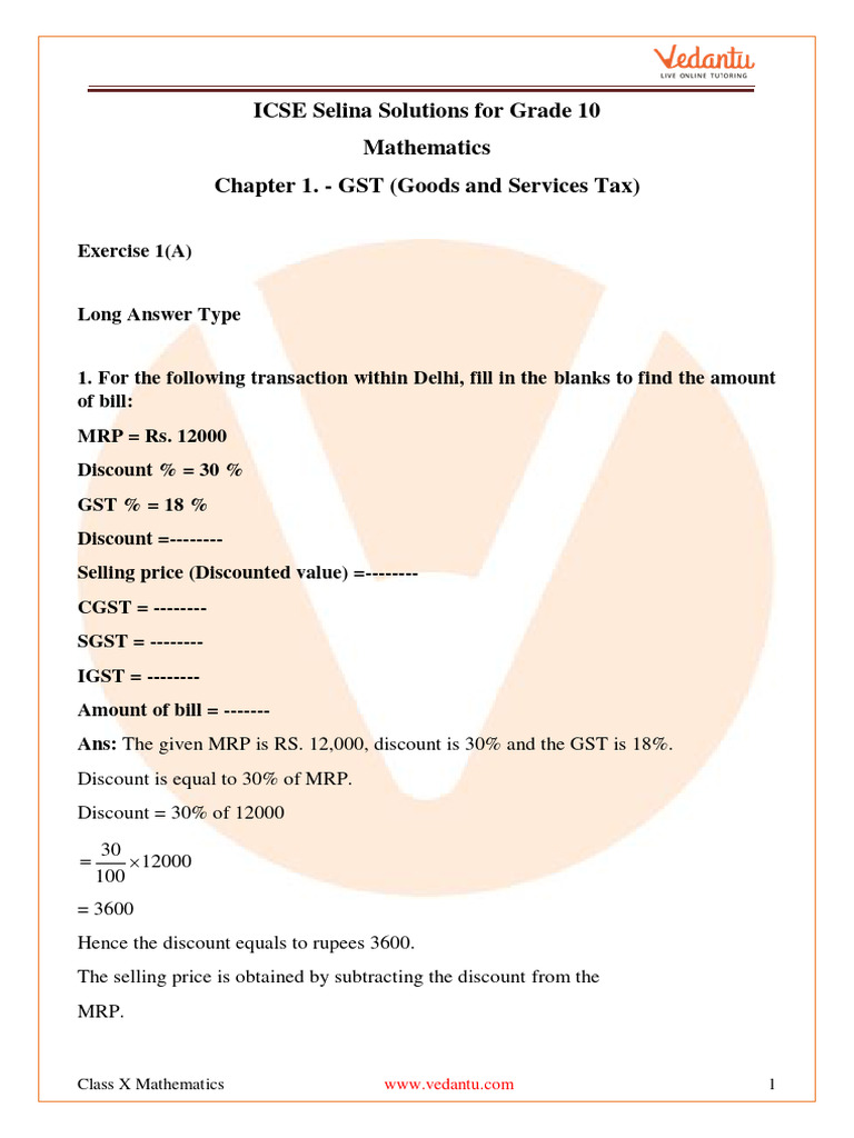 Class 10 ICSE Solutions For Chapter 1 - GST (Goods and Services Tax ...