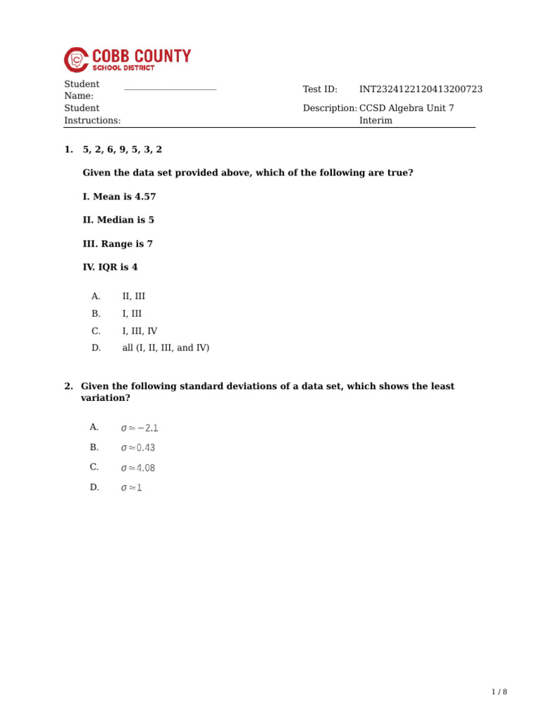 CCSD Algebra Unit 7 Test Questions | PDF | Linear Regression | Applied ...
