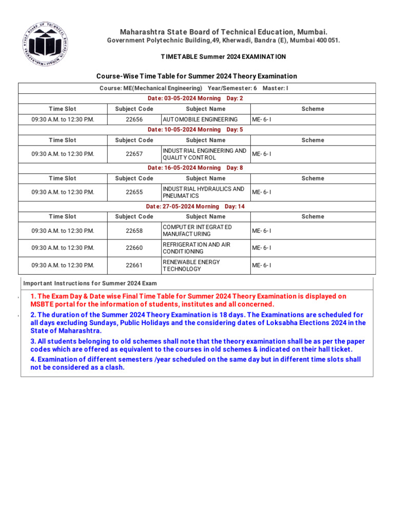 Time Table For Summer 2024 Theory Examination | PDF