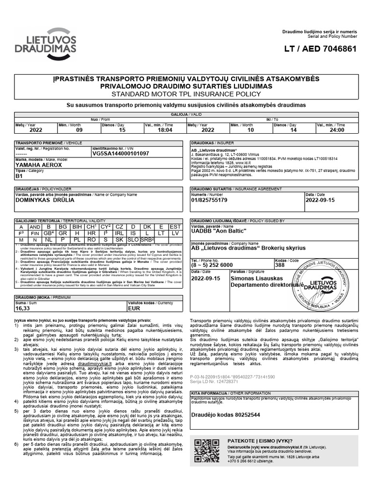 Vairuotojų Privalomojo Draudimo Polisas YAMAHA AEROX (VG5SA144000101097 ...