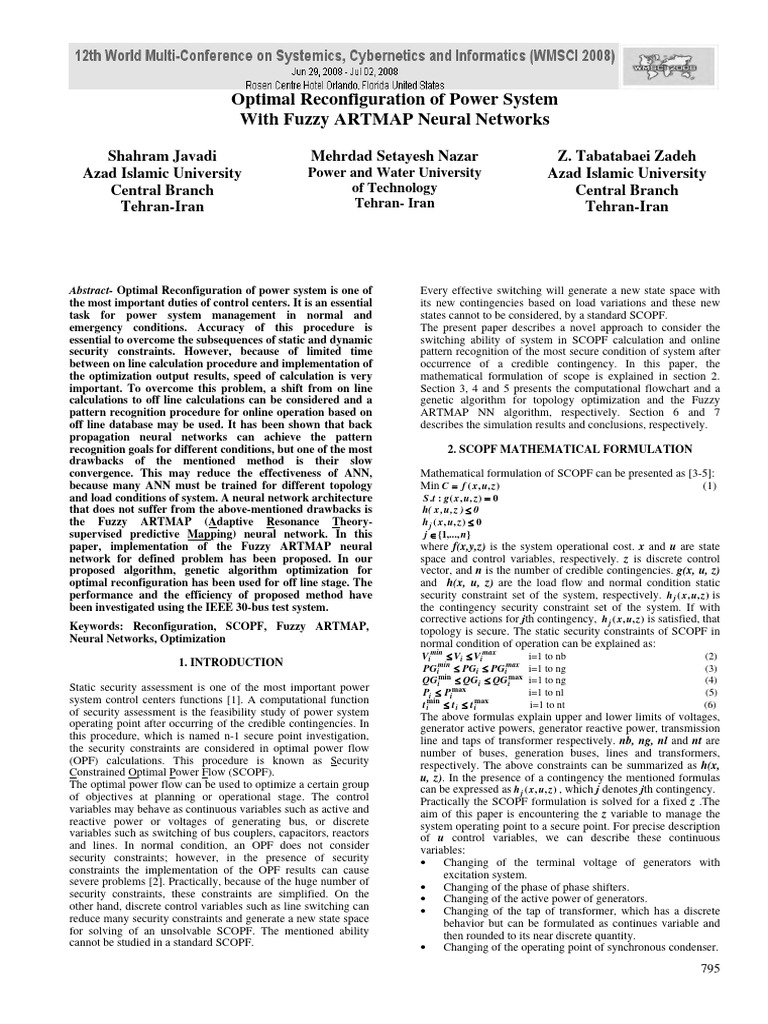 C-2008-Optimal Reconfiguration of Power System With Fuzzy ARTMAP Neural ... C-2008-Optimal Reconfiguration of Power System With Fuzzy ARTMAP Neural ...