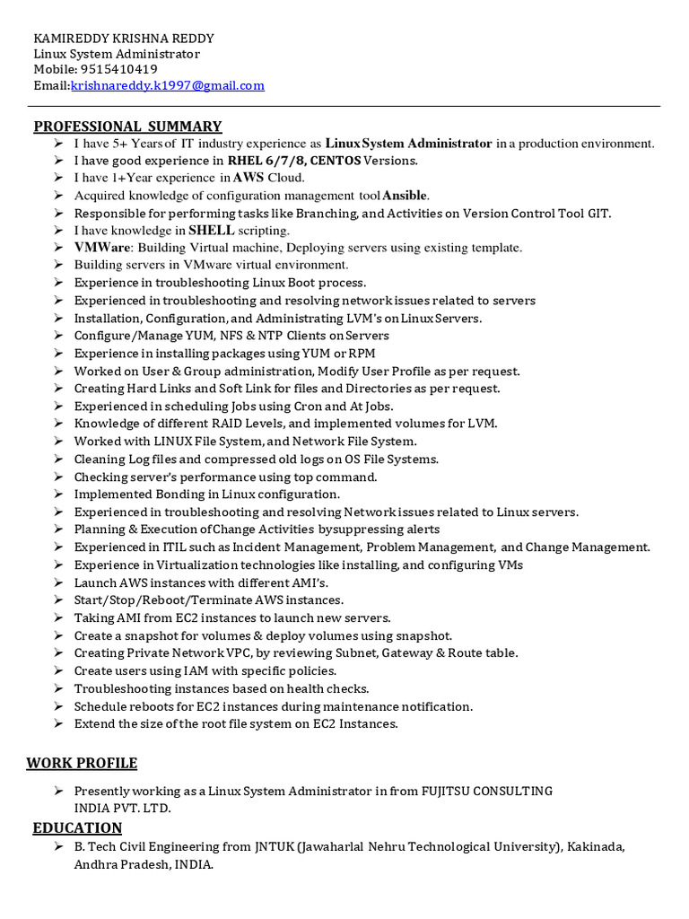 Krishna Reddy .K Linux Resume | PDF | File System | Server (Computing)