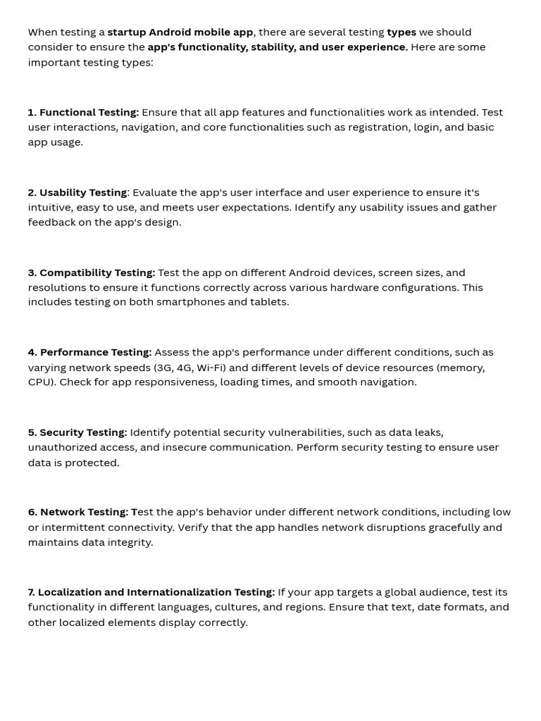 Testing Types For Launching Your Android Startup App Pdf Mobile App