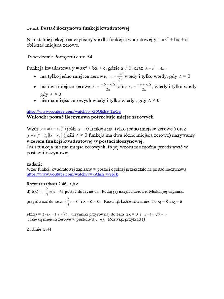 Postac Iloczynowa Funkcji Kwadratowej | PDF