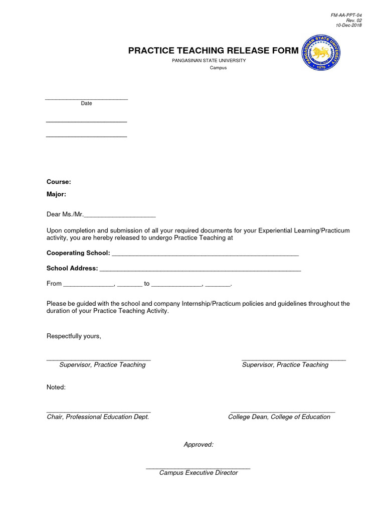 04 Practice Teaching Release Form Rev.02 | PDF