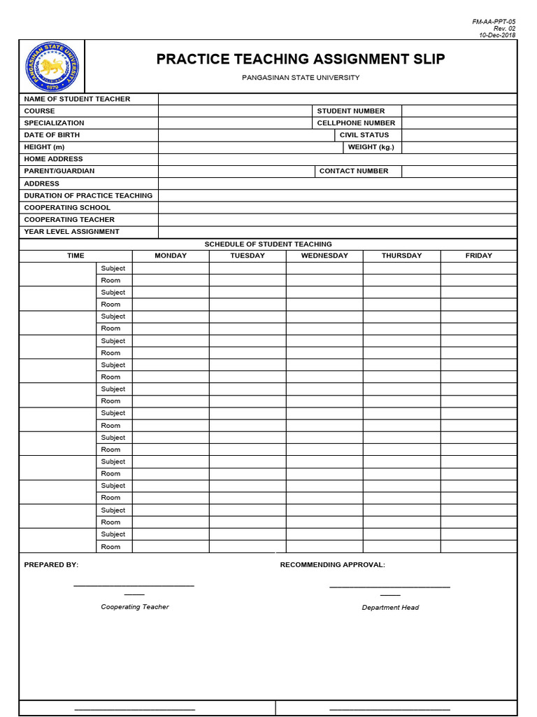Practice Teaching Assignment Slip | PDF