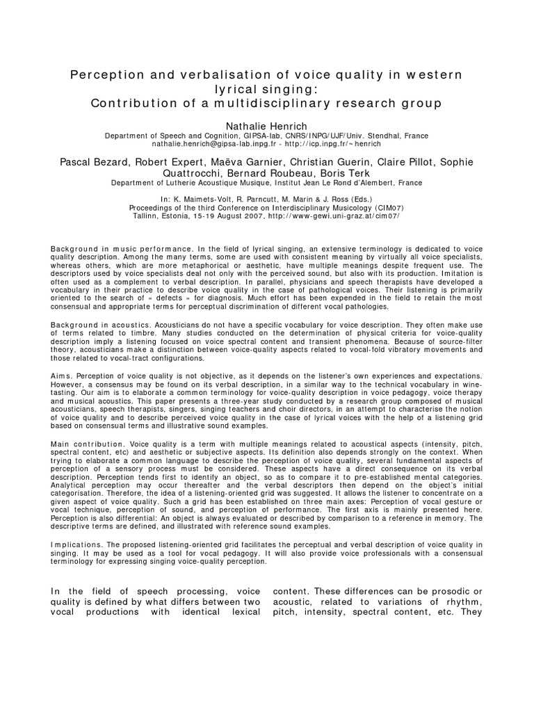 Perception and Verbalisation of Voice Quality in Western Lyrical ...