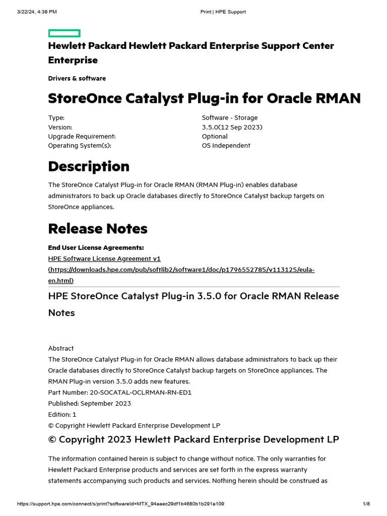 HPE StoreOnce Catalyst Plug-In 3.5.0 For Oracle RMAN Release Notes ...