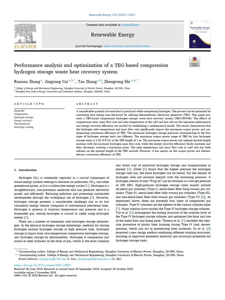 Performance Analysis and Optimization of A TEG-based Compression Hydrogen Storage Waste Heat ...