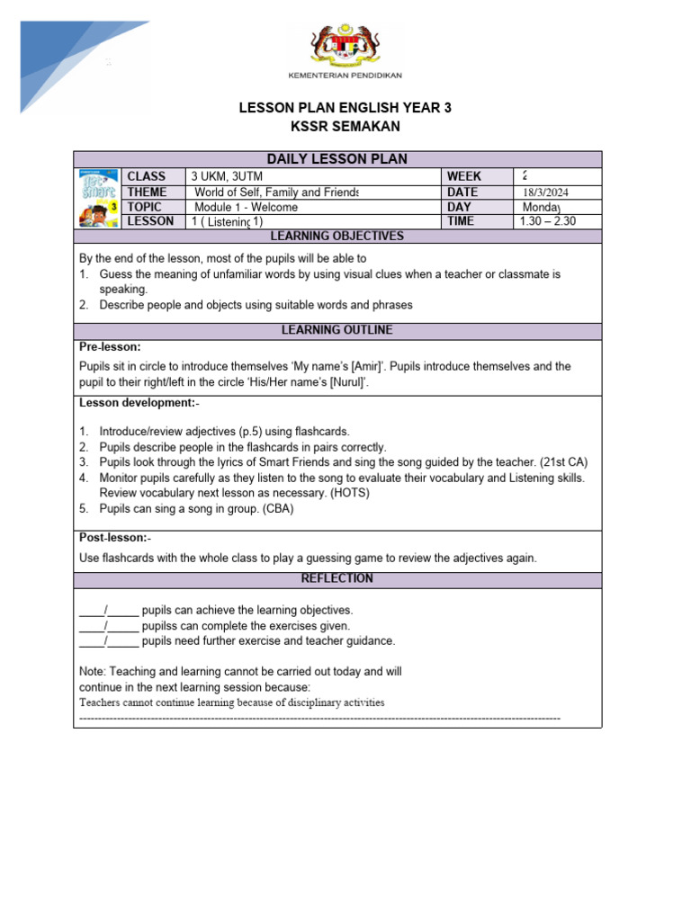 RPH BI THN 3 - Module 1 (wk2) | PDF | Lesson Plan | Teachers