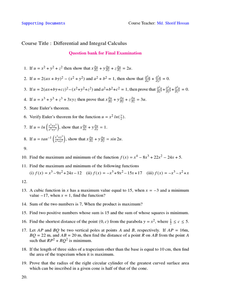 Final Differential and Integral Calculus | PDF | Area | Square Root