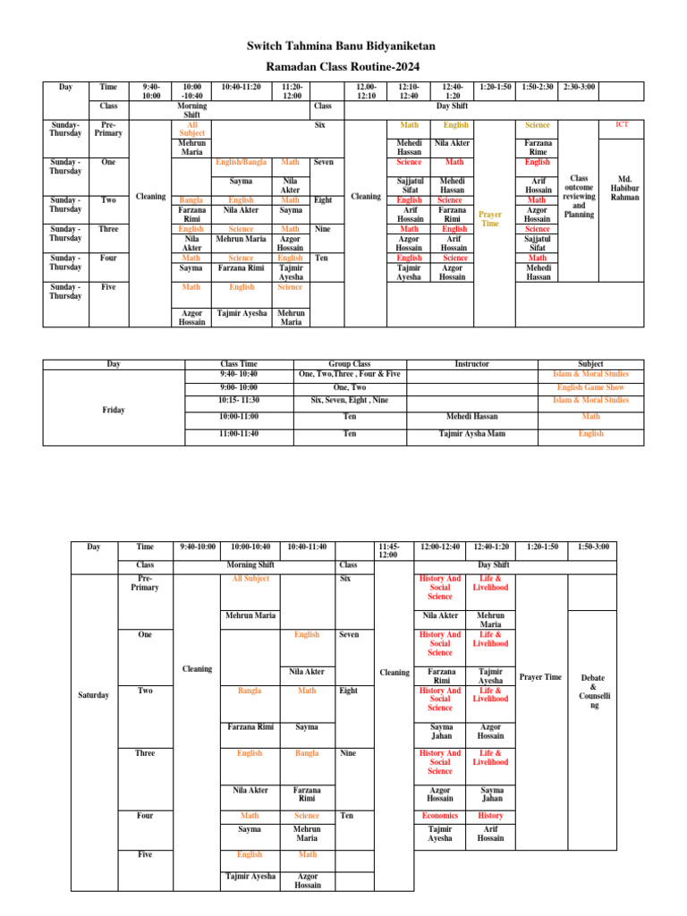 Ramadan Class Routine-2024 | PDF