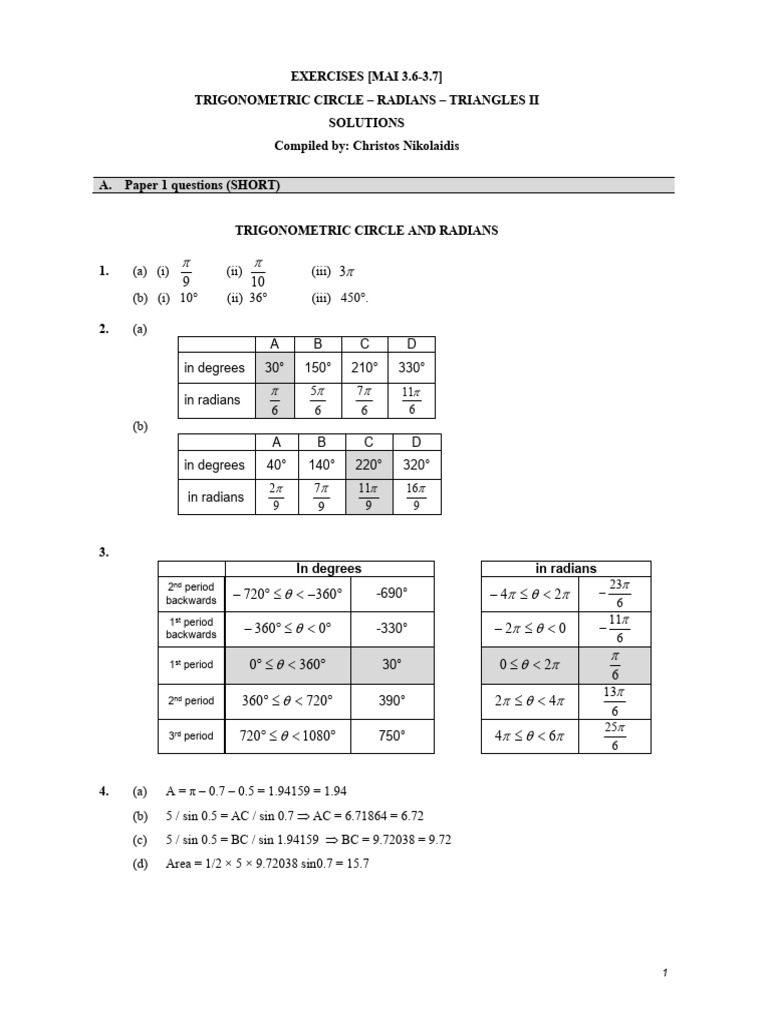 (MAI 3.6-3.7) TRIGONOMETRIC CIRCLE - RADIANS - TRIANGLES II - Solutions | PDF | Mathematical ...