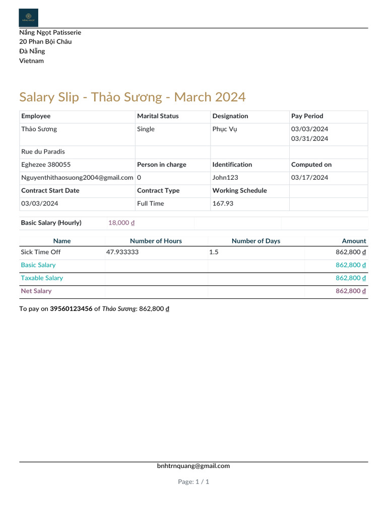 Salary Slip for Thảo Sương - Mar 2024 | PDF