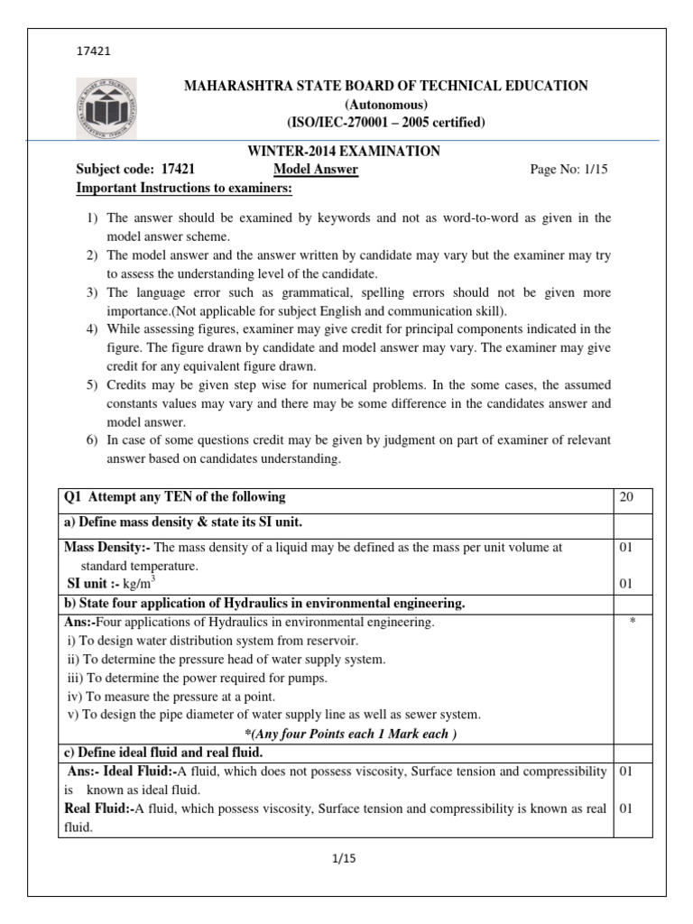 Model Answers for Fluid Mechanics Exam | PDF | Fluid Dynamics | Laminar ...