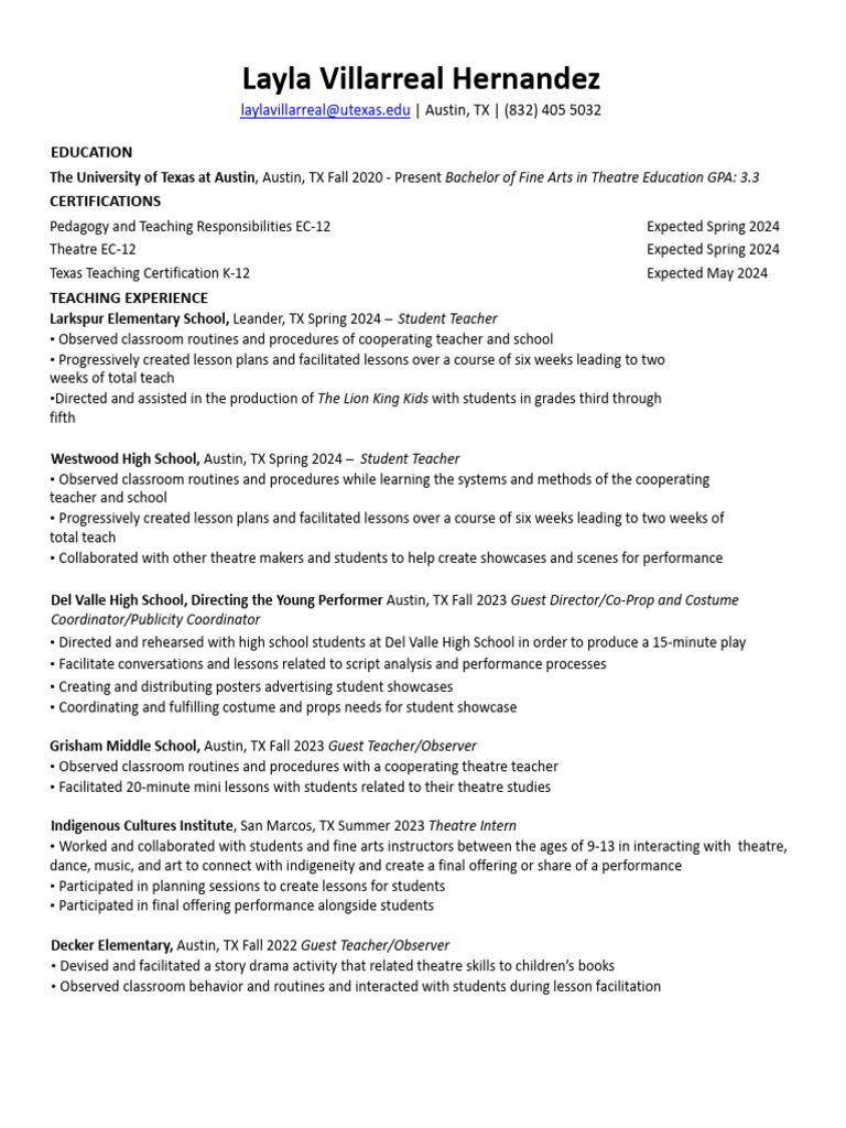 Theatre Education Resume of Layla Hernandez | PDF