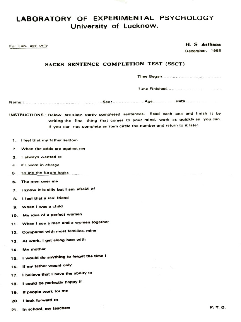 Sacks Sentence Completion Test | PDF | Attitude (Psychology) | Social ...