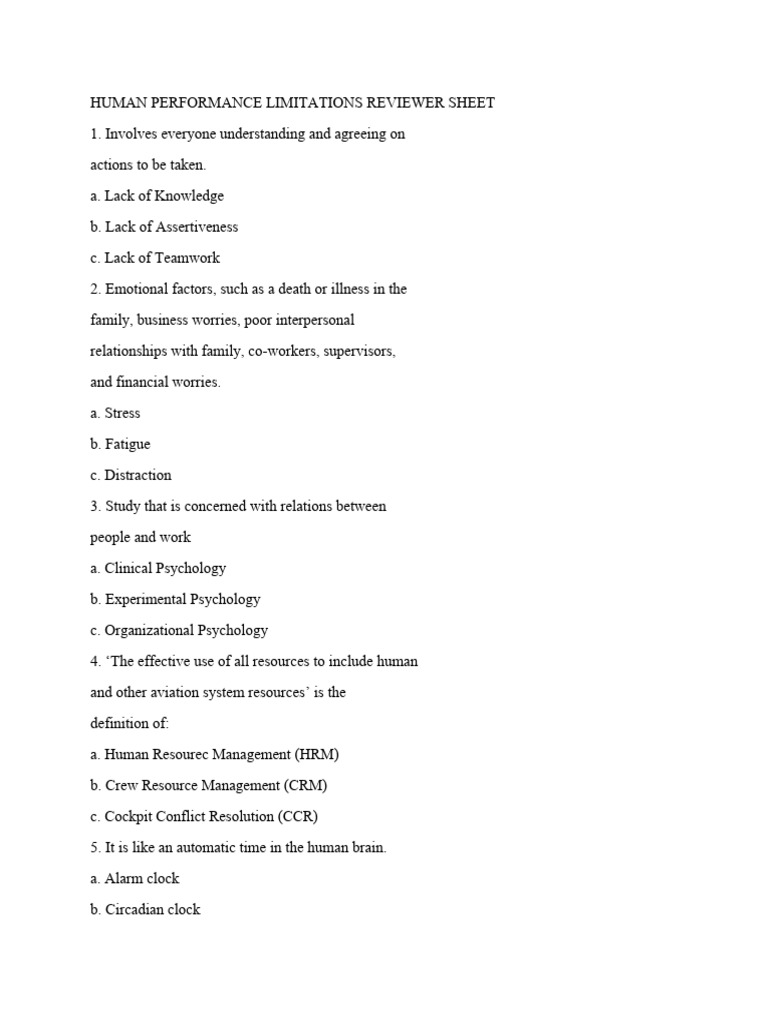 Human Performance Limitations Reviewer Sheet | PDF | Psychology | Human ...