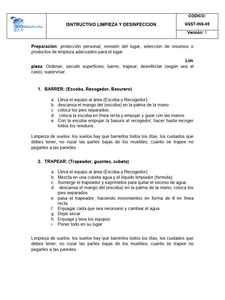 GSST-InS-05 Instructivo Limpieza y Desinfeccion | PDF