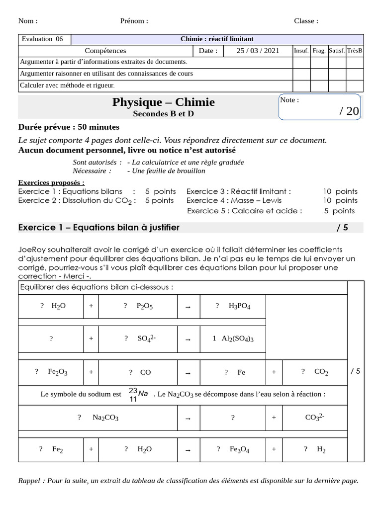 Eval 06 Atome Réactif - Limitant | PDF