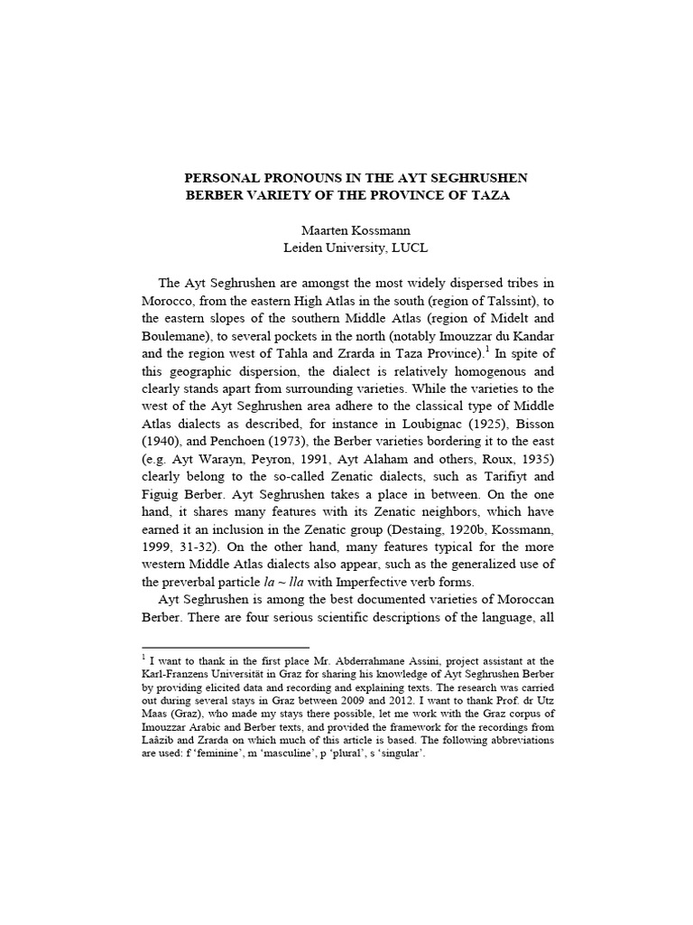 Personal Pronouns in The Ayth Seghrushshen Tamazight - Morocco | PDF