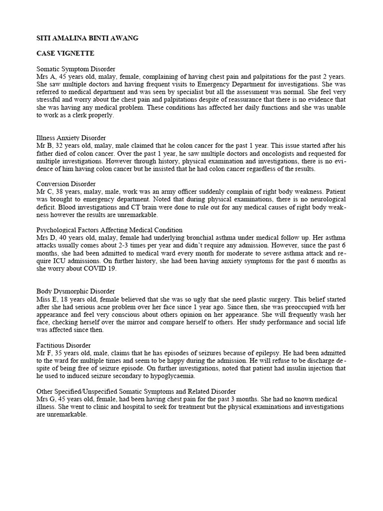 Case Vignette - Somatic Symptom and Related Disorders | PDF | Physical ...