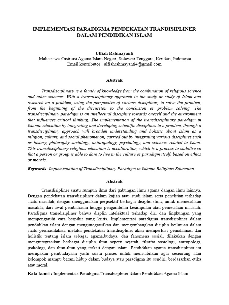 Implementasi Paradigma Pendekatan Transdisipliner Dalam Pendidikan Islam - Ulfiah Rahmayanti ...