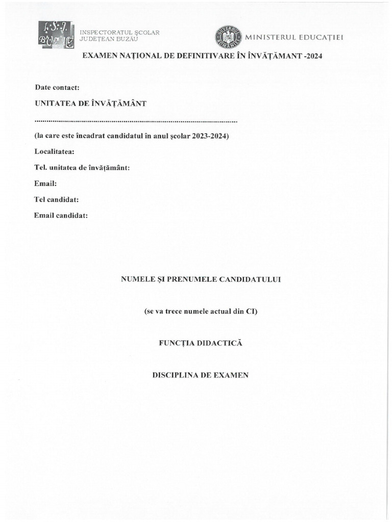 Model Cerere Inscriere Definitivat 2024 ISJ Buzau | PDF