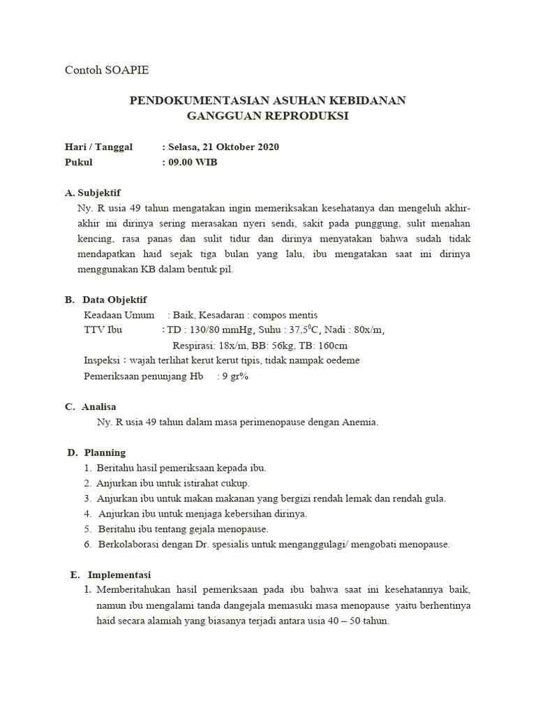 Contoh Dokumentasi SOAPIE Perimenopause | PDF | Kesehatan Holistik