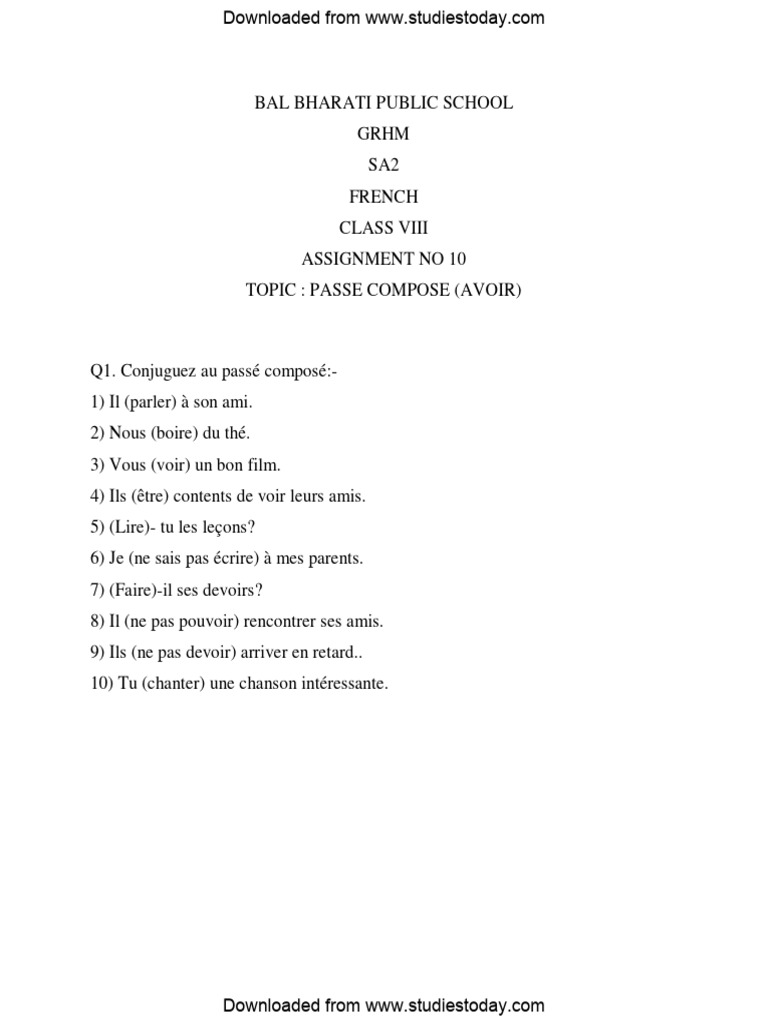 CBSE Class 8 French Worksheet | PDF