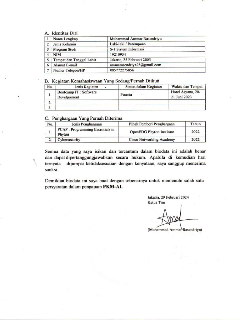 Biodata & Surat Pernyataan M.Ammar | PDF