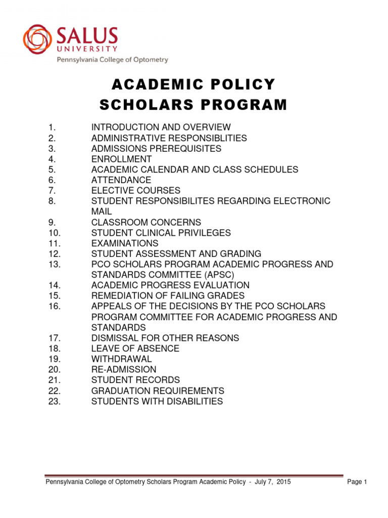 PCO Scholars Program Academic Policy | PDF | Optometry | Student Affairs
