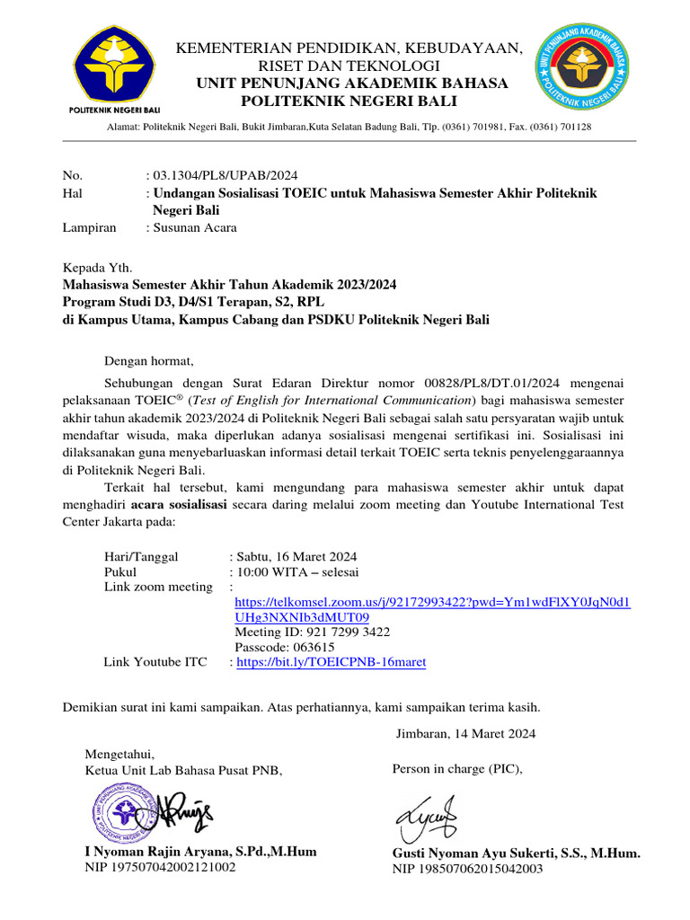 Surat Undangan Sosialisasi Toeic Untuk Mahasiswa Semester Akhir PNB-2024 | PDF