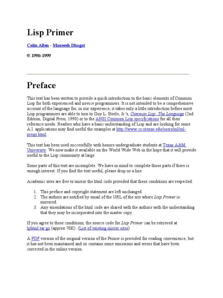 Lisp Primer | PDF | Variable (Computer Science) | Parameter (Computer ... Lisp Primer | PDF | Variable (Computer Science) | Parameter (Computer ...
