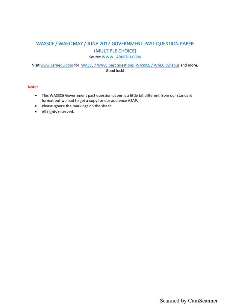 WASSCE WAEC May June 2017 Government Multiple Choice Past Question ...