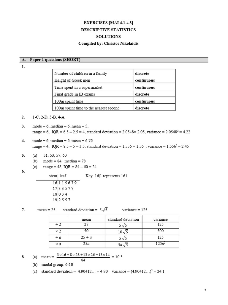 (MAI 4.1-4.3) DESCRIPTIVE STATISTICS - Solutions | PDF | Mathematical ...