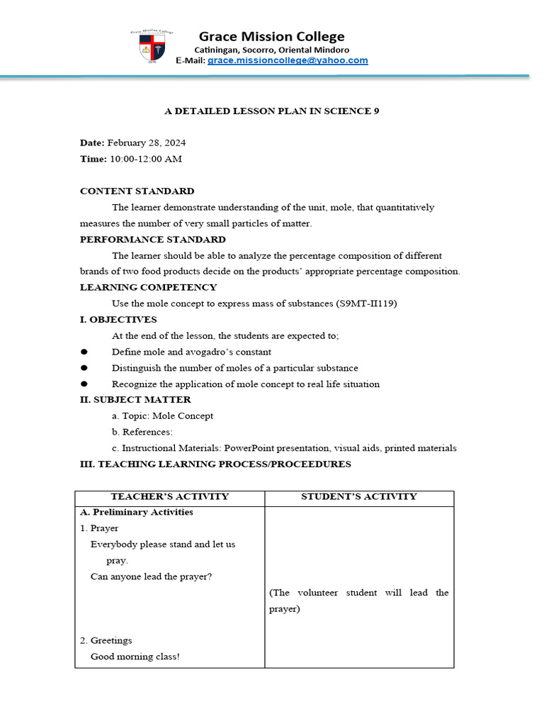 A Detailed Lesson Plan Scince 9 | PDF