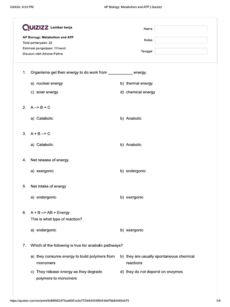 Quizizz - AP Biology - Metabolism and ATP | PDF