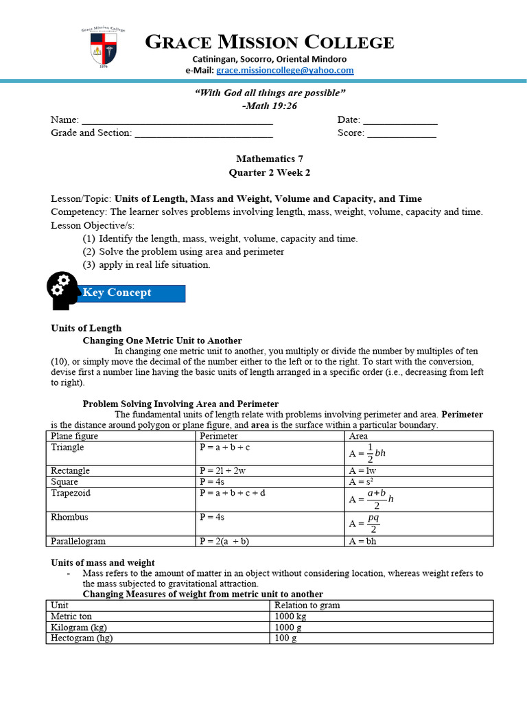 Q1W1 MATH7 Learning Activity Sheet2 | PDF | Area | Litre