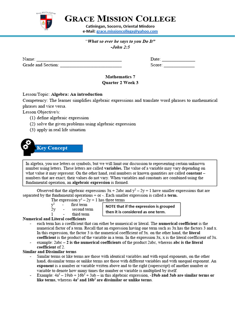 Q1W1_MATH7_Learning_Activity_Sheet3 | PDF | Variable (Mathematics) | Numbers
