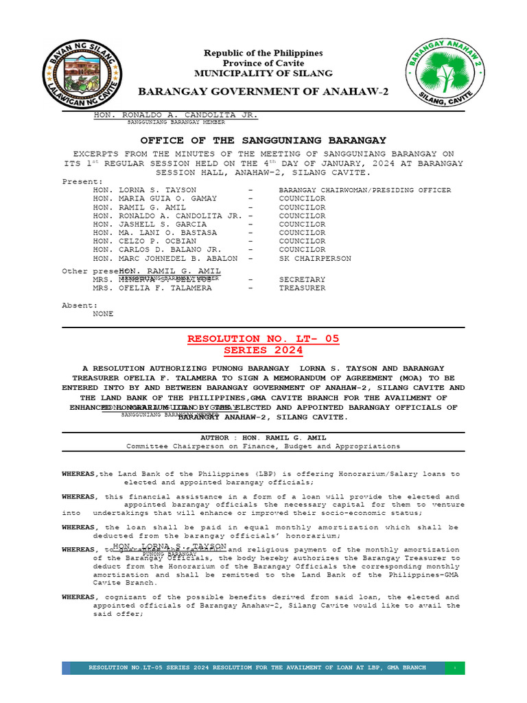 2024 Resolution No. LT-05 Availment of Loans at LBP GMA Branch | PDF ...