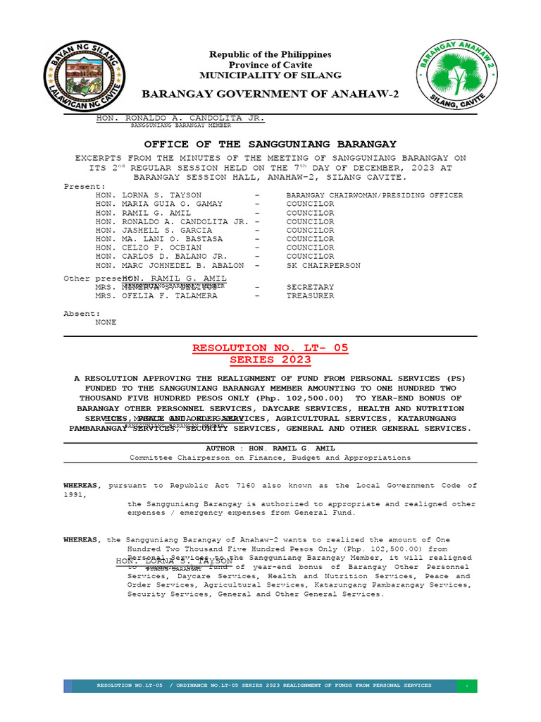 Fund Realignment Resolution LT-05 2023 | PDF | Philippines