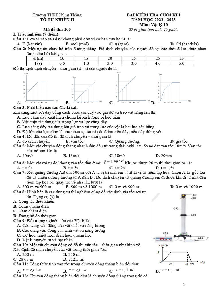20. Đề Vật Lí 10 HK1 - THPT Hùng Thắng - | PDF
