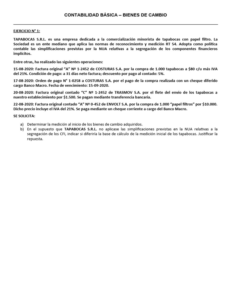 EjercitaciÃ N Bienes de Cambio (NUA) | PDF | Contabilidad | Bancos