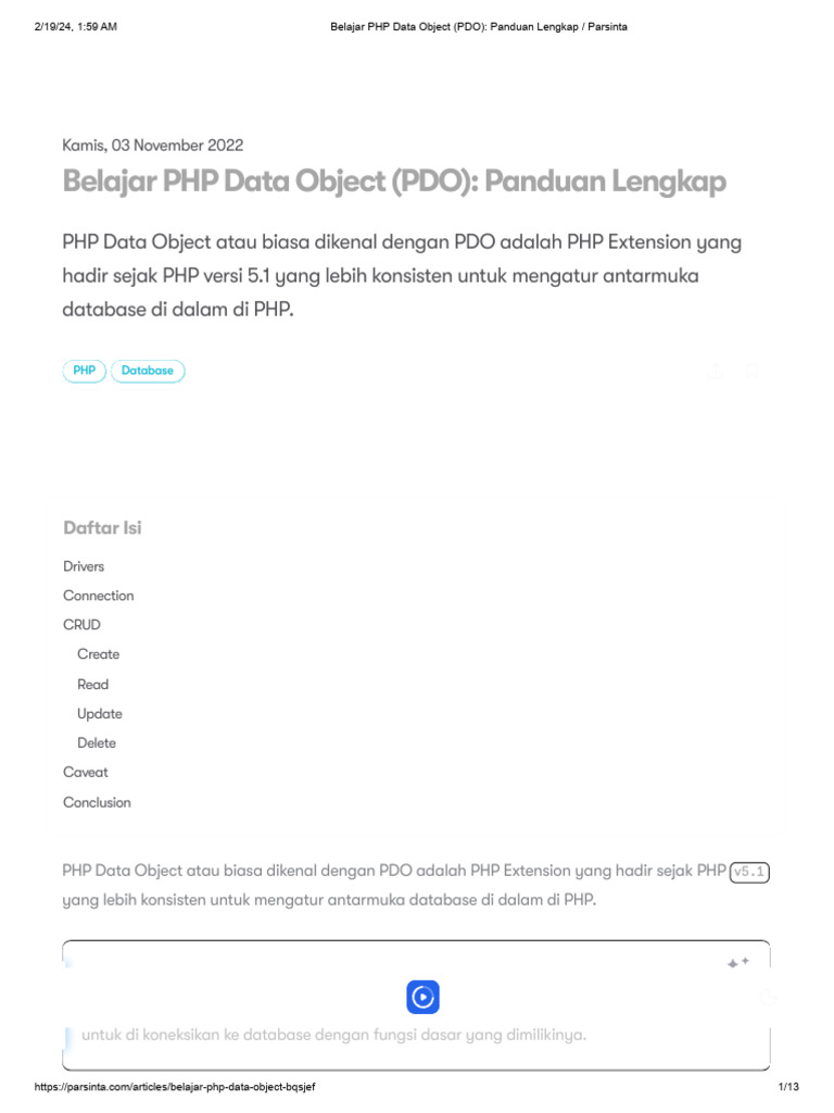 Belajar PHP Data Object (PDO) - Panduan Lengkap - Parsinta | PDF