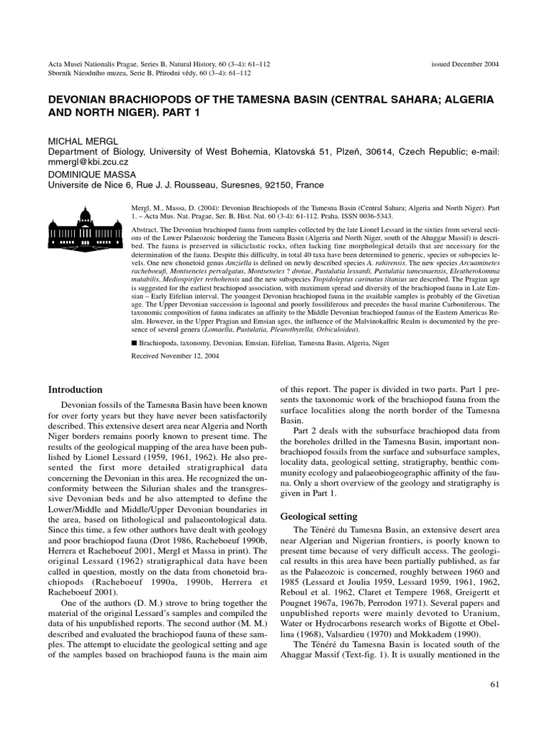 Devonian Brachiopods of The Tamesna Basin (Central Sahara Algeria and North Niger) - Part 1 ...