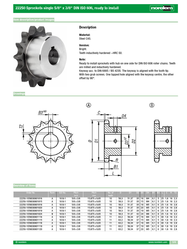 Datasheet 17671 Sprockets Single 5 8 X 3 8 DIN ISO 606 Ready To Install - en | PDF ...